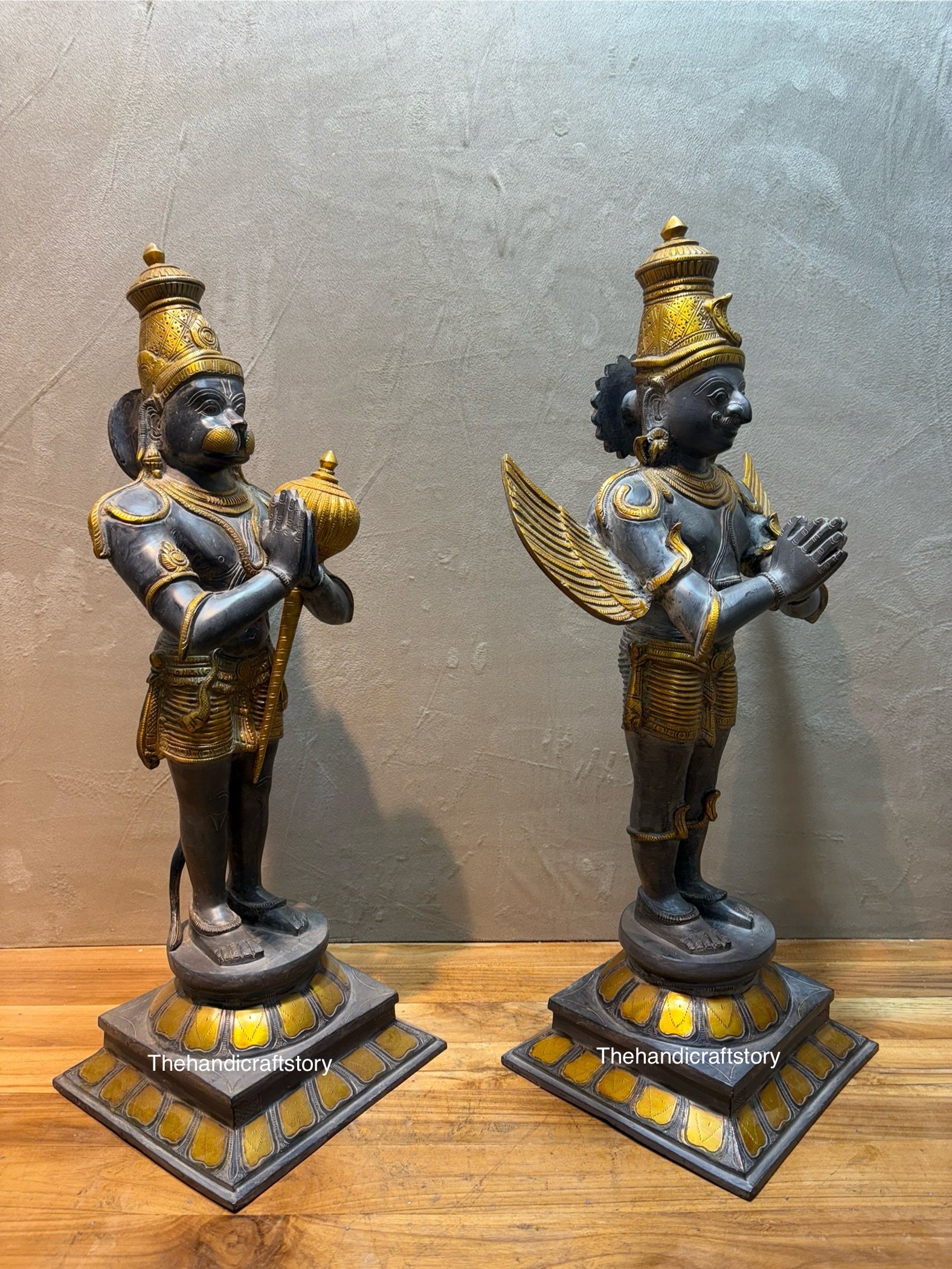 Hanuman & Garuda Brass Statue Set – Golden & Black Vintage Finish for ...